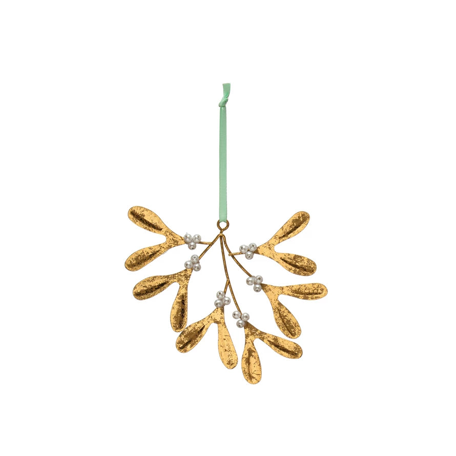 Metal Mistletoe Ornament with Glass Beads – Gold Leaf SP